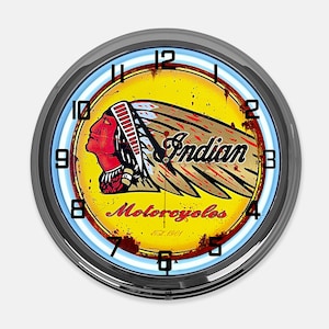 18" Indian Motorcycle EST. 1901 Metal Sign Designed White Neon Clock ...