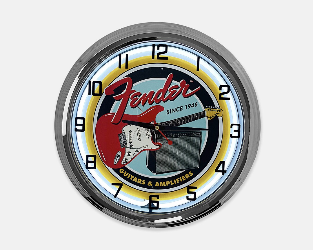 18" Fender Guitars & Amplifiers Metal Sign Designed White Neon Clock ...