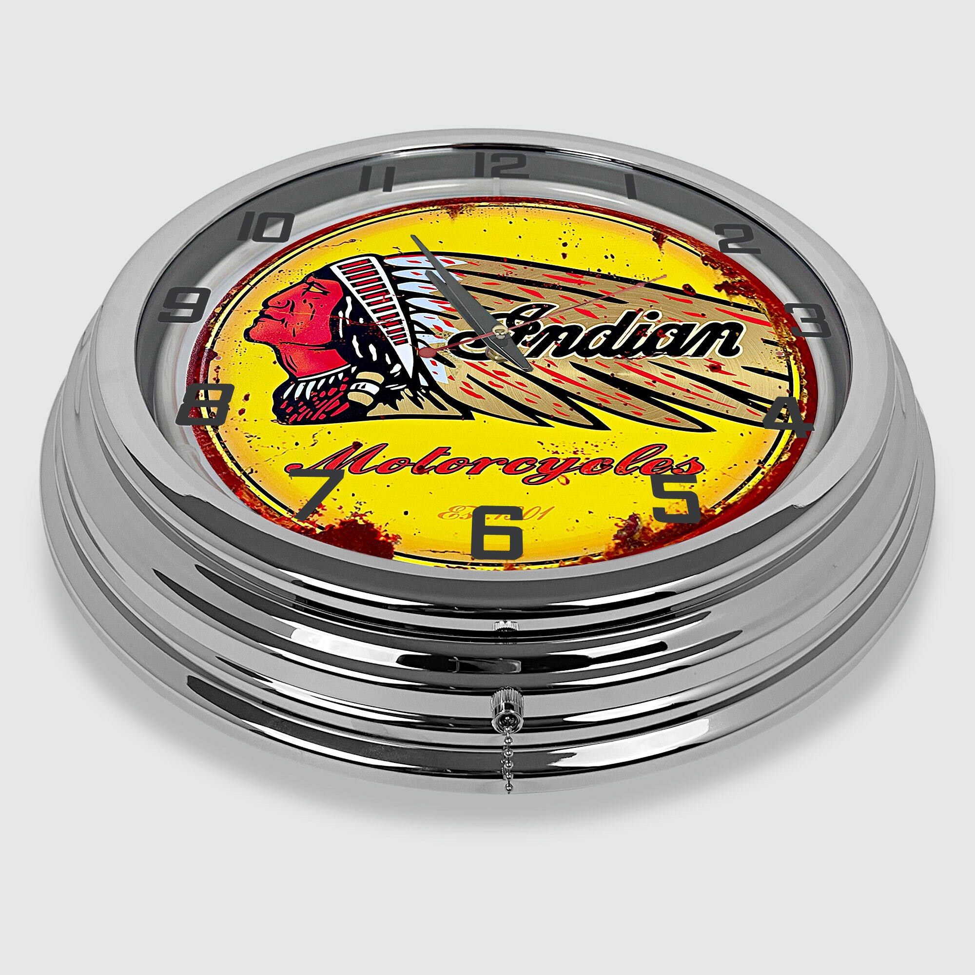 18" Indian Motorcycle EST. 1901 Metal Sign Designed White Neon Clock ...