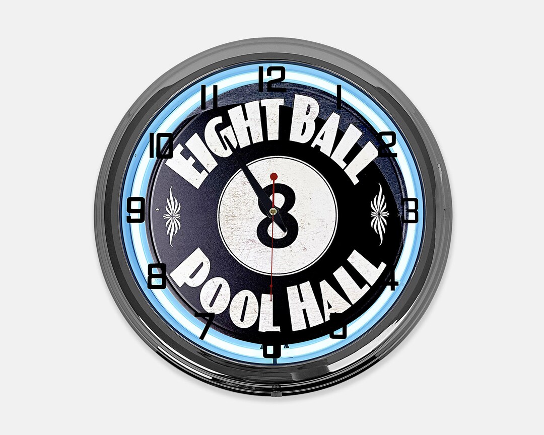 18" Eight Ball Pool Hall Metal Sign Designed White Neon Clock - SIGNBOX ...