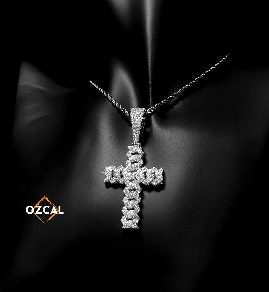 Iced Out Moissanite Cuban Link Cross Pendant: Sterling Silver, USA Made ...