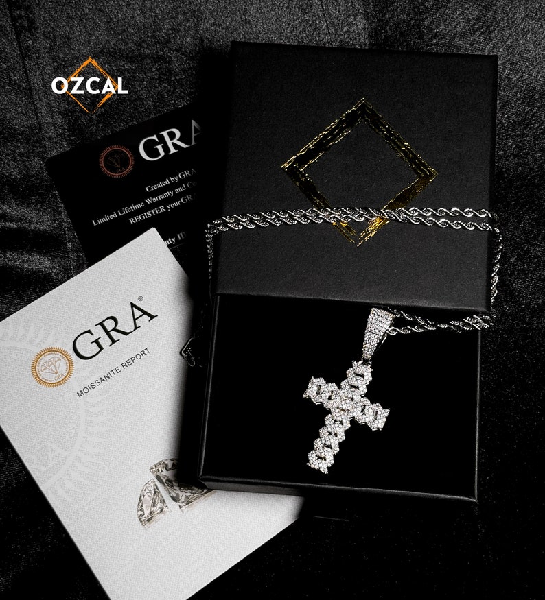 Iced Out Moissanite Cuban Link Cross Pendant: Sterling Silver, USA Made ...