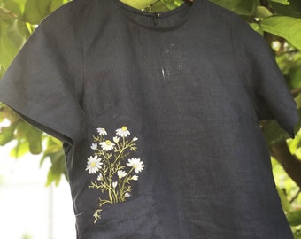 Linen Dress With Hand Embroidered Wild Flower Pattern for Women ...