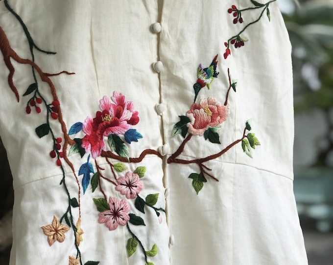 Embroidered Dress With Bird and Flowers, Hand Embroidery Dress for ...