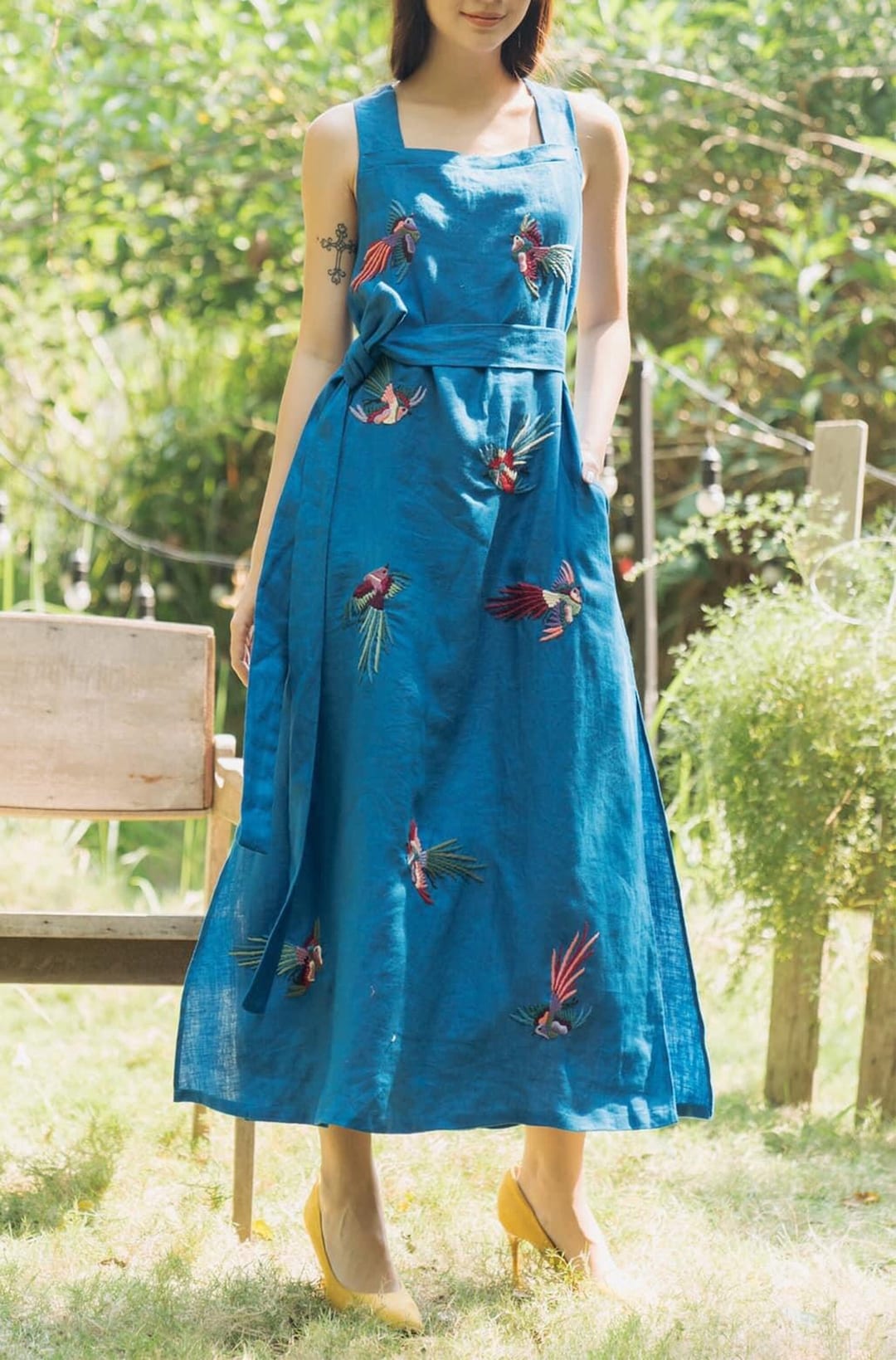 Blue Linen Slip Dress With Hand Embroidered Phoenix Bird Motifs ...