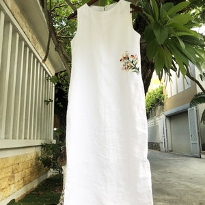 White Linen Dress With Hand Embroidered Wild Flower Pattern, Linen ...