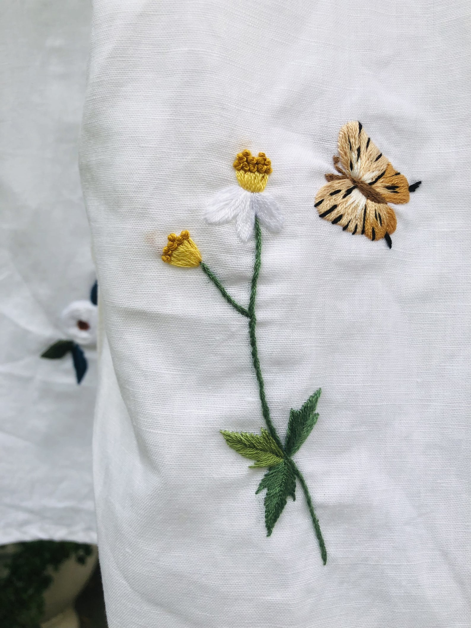 White Linen Dress With Hand Embroidery Flower, Bee and Butterflies for ...