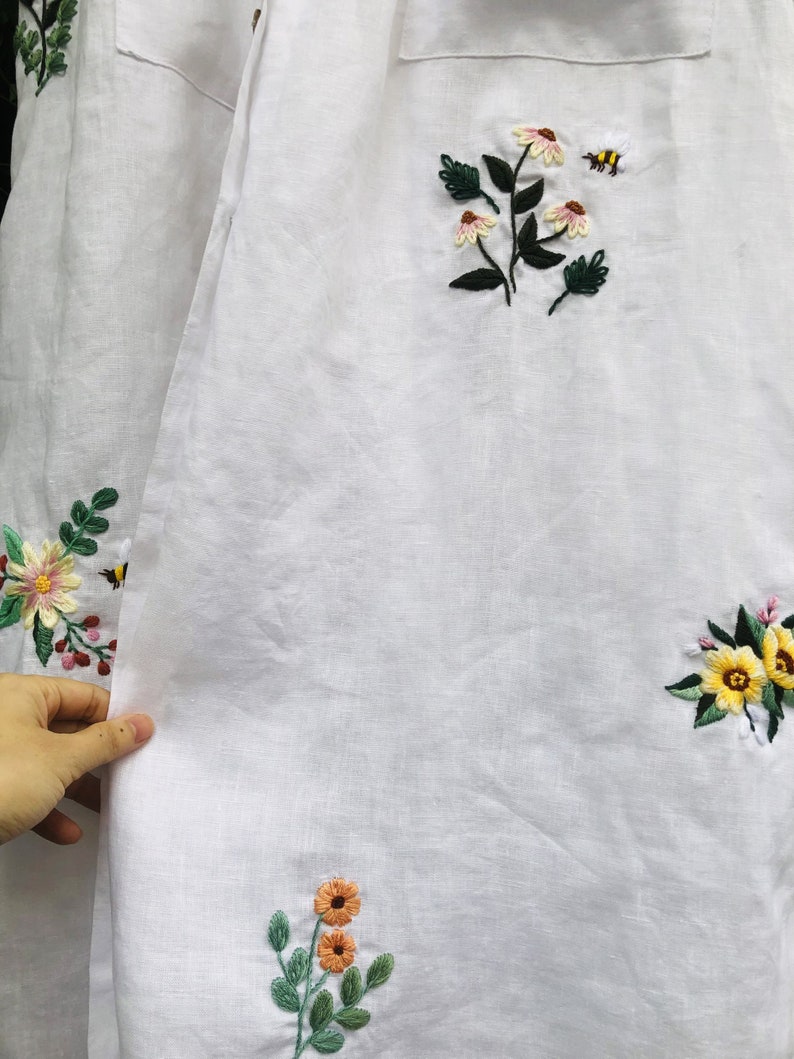White Linen Dress With Flower and Bee Hand Embroidered Dress - Etsy