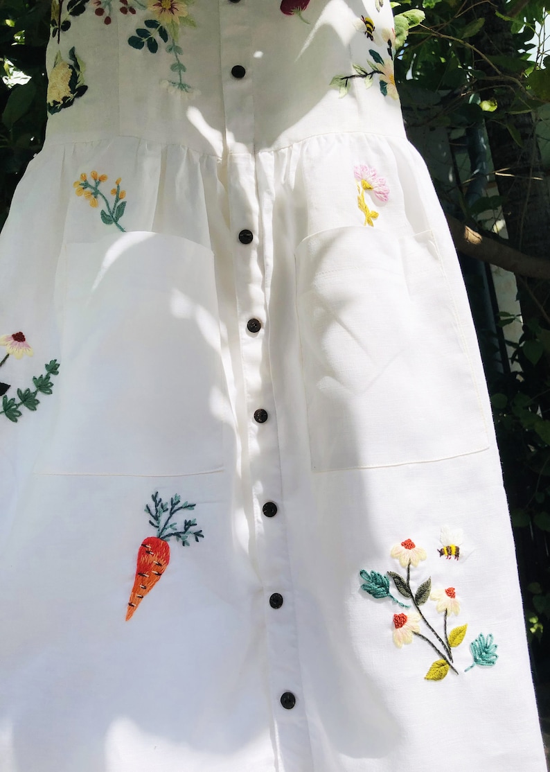 White Linen Dress With Hand Embroidered Flower Pattern Linen - Etsy