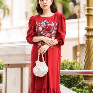 Embroidered Linen Dress With Phoenix and Flower for Women ...