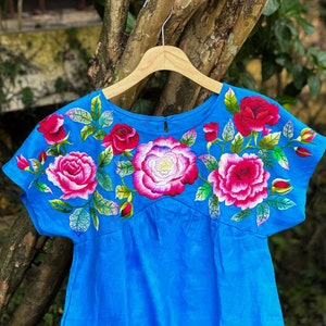 Rose Dress, Hand Embroidery Dress for Women, Blue Linen Dress ...