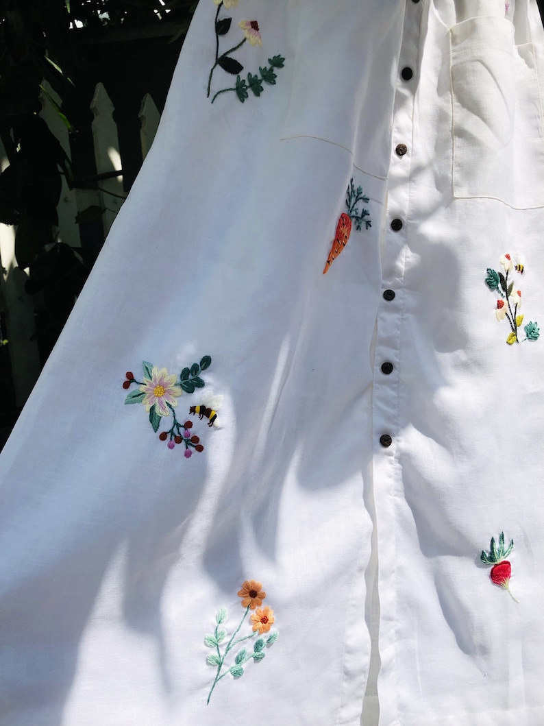 White Linen Dress With Hand Embroidered Flower Pattern Linen - Etsy