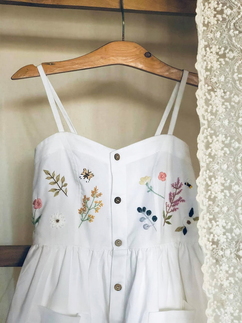 White Linen Dress With Hand Embroidery Flower, Bee and Butterflies for ...