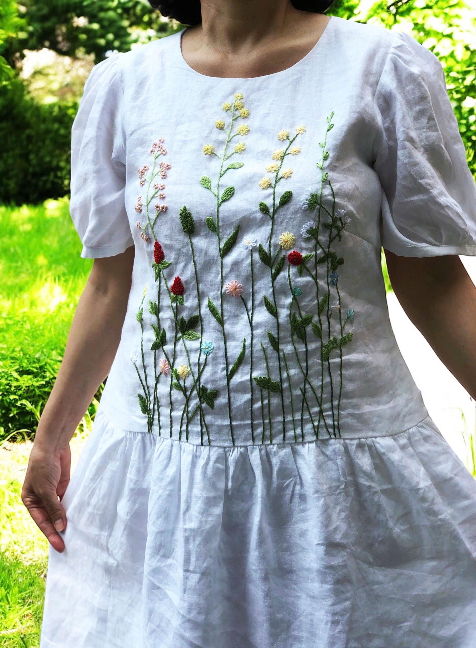 Linen Dress With Hand Embroidered Wild Flower Pattern for Women ...