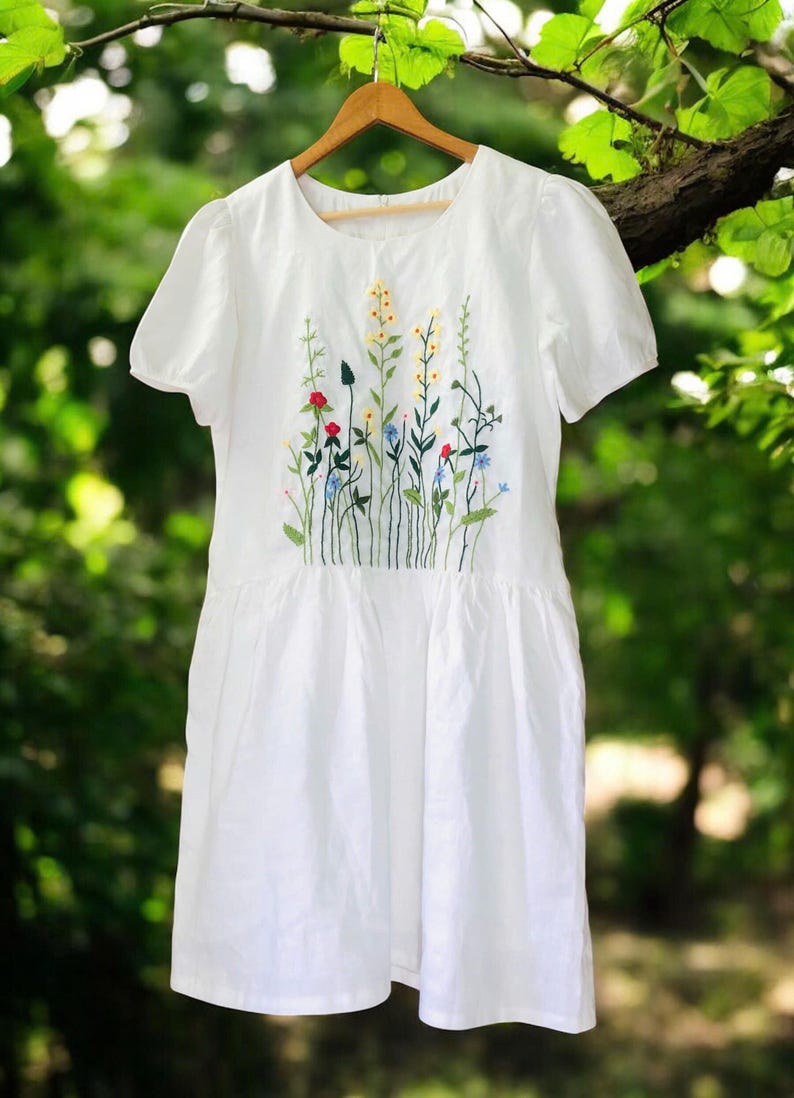 Linen Dress With Hand Embroidered Wild Flower Pattern for Women ...