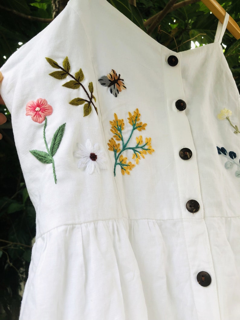 White Linen Dress With Hand Embroidery Flower, Bee and Butterflies for ...