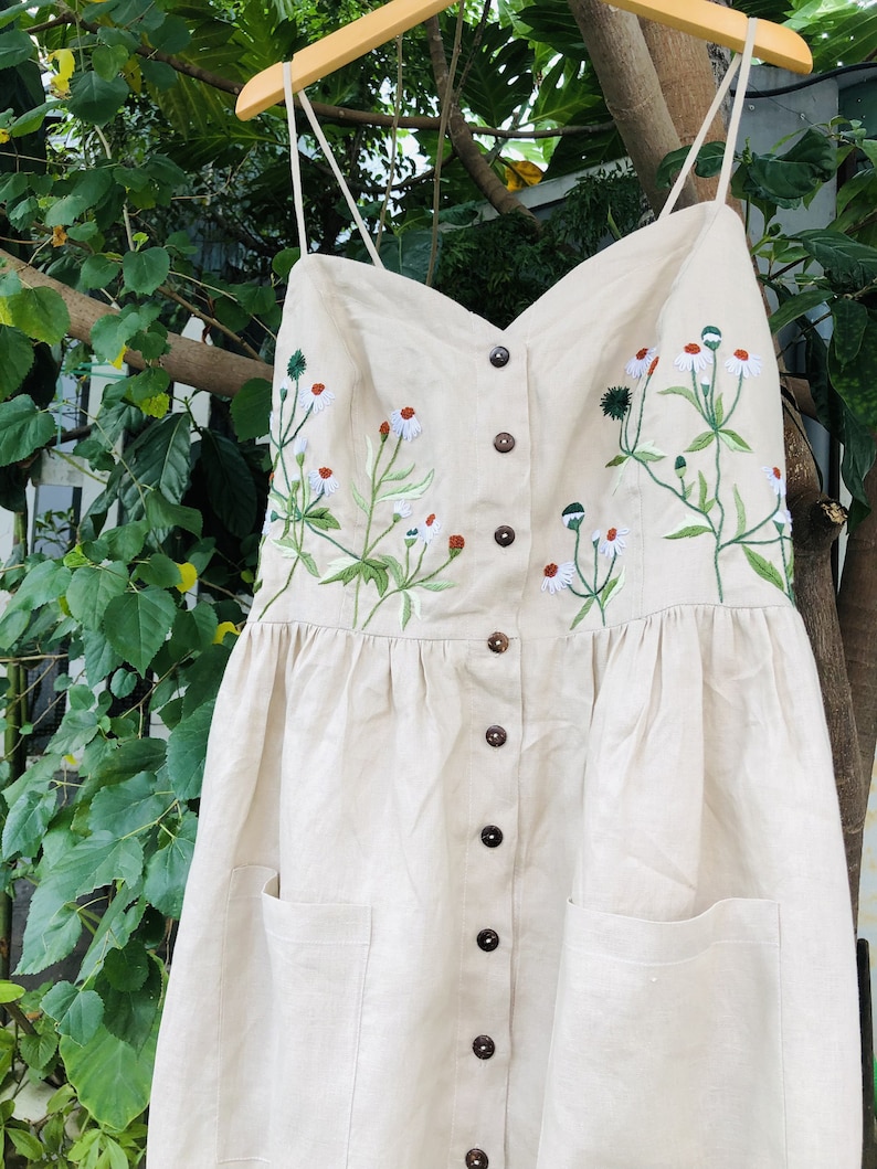 Linen Dress With Hand Embroidered Daisy Flower Pattern for Women ...