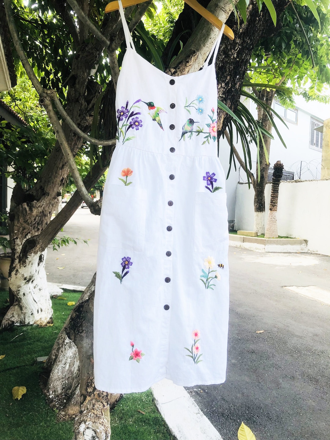 Hand Embroidered Linen Summer Dress: Hummingbird, Bee & Floral Design ...