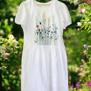 Linen Dress With Hand Embroidered Wild Flower Pattern for Women ...
