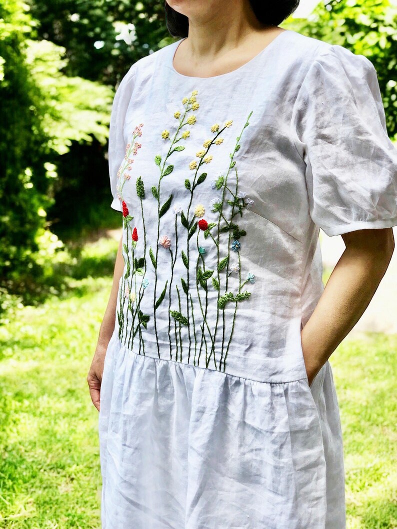 Linen Dress With Hand Embroidered Wild Flower Pattern for Women ...