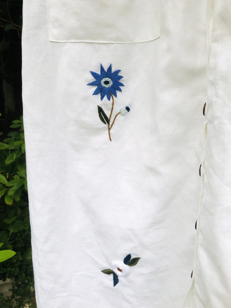 White Linen Dress With Hand Embroidery Flower, Bee and Butterflies for ...
