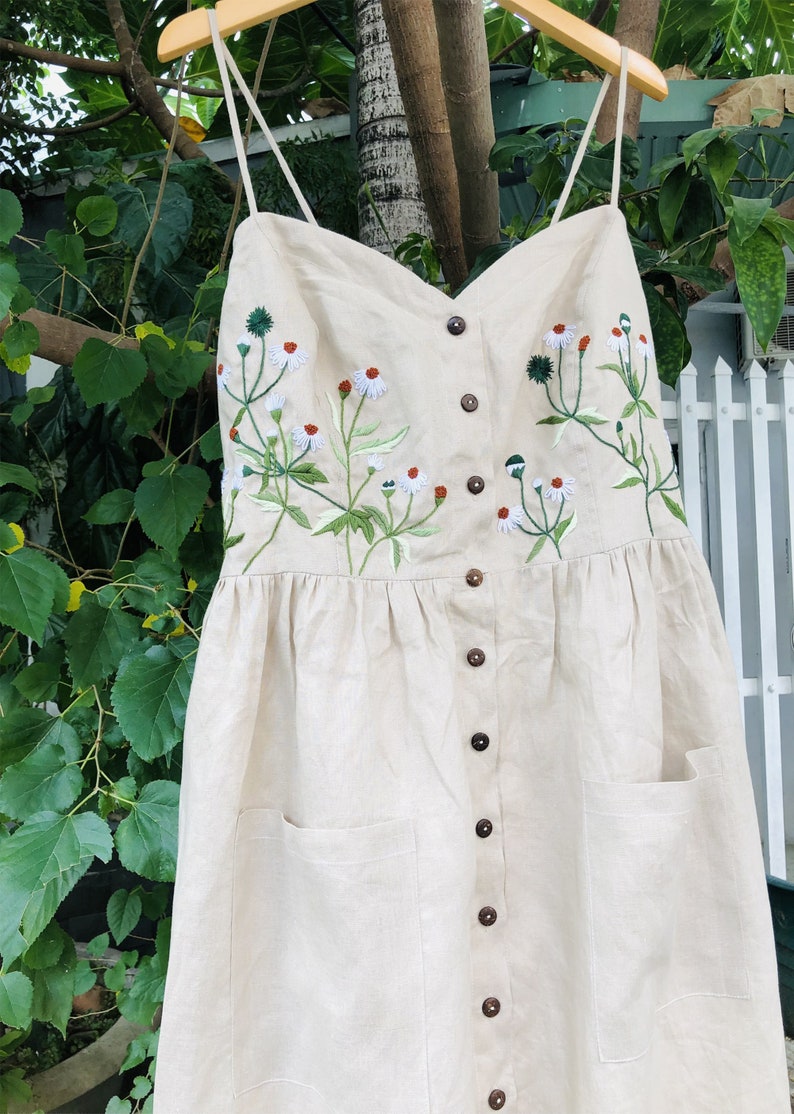 Linen Dress With Hand Embroidered Daisy Flower Pattern for Women ...