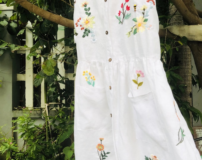 Linen Dress With Hand Embroidered Wild Flower Pattern for Women ...