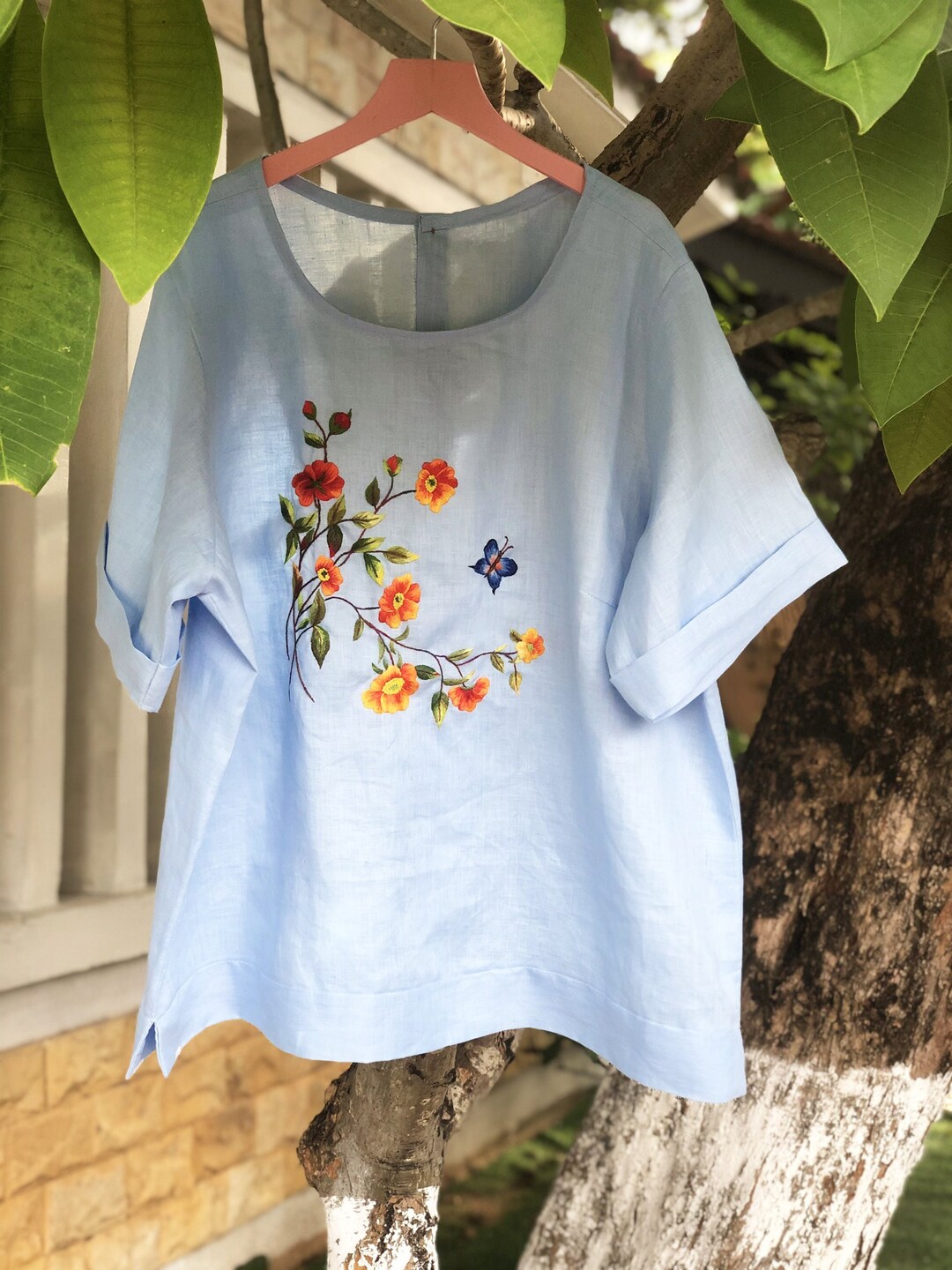 Embroidered Blouse for Woman With Flowers and Butterfly, Hand ...