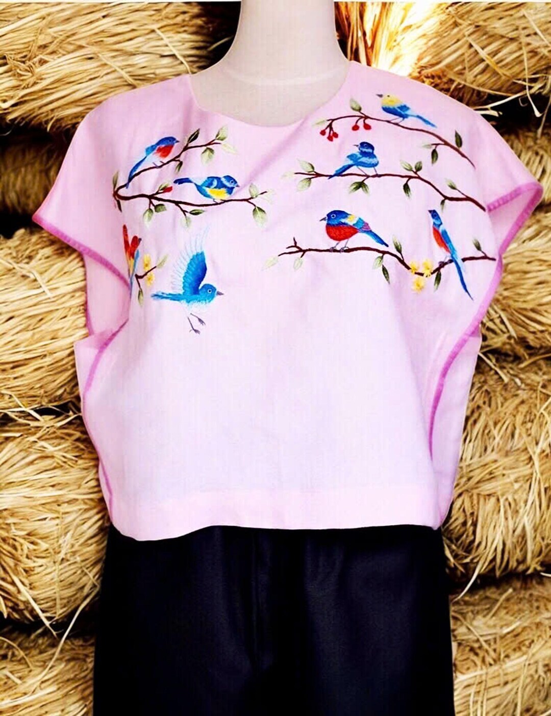 Hand Embroidery Linen Crop Top With Birds on the Branch ...