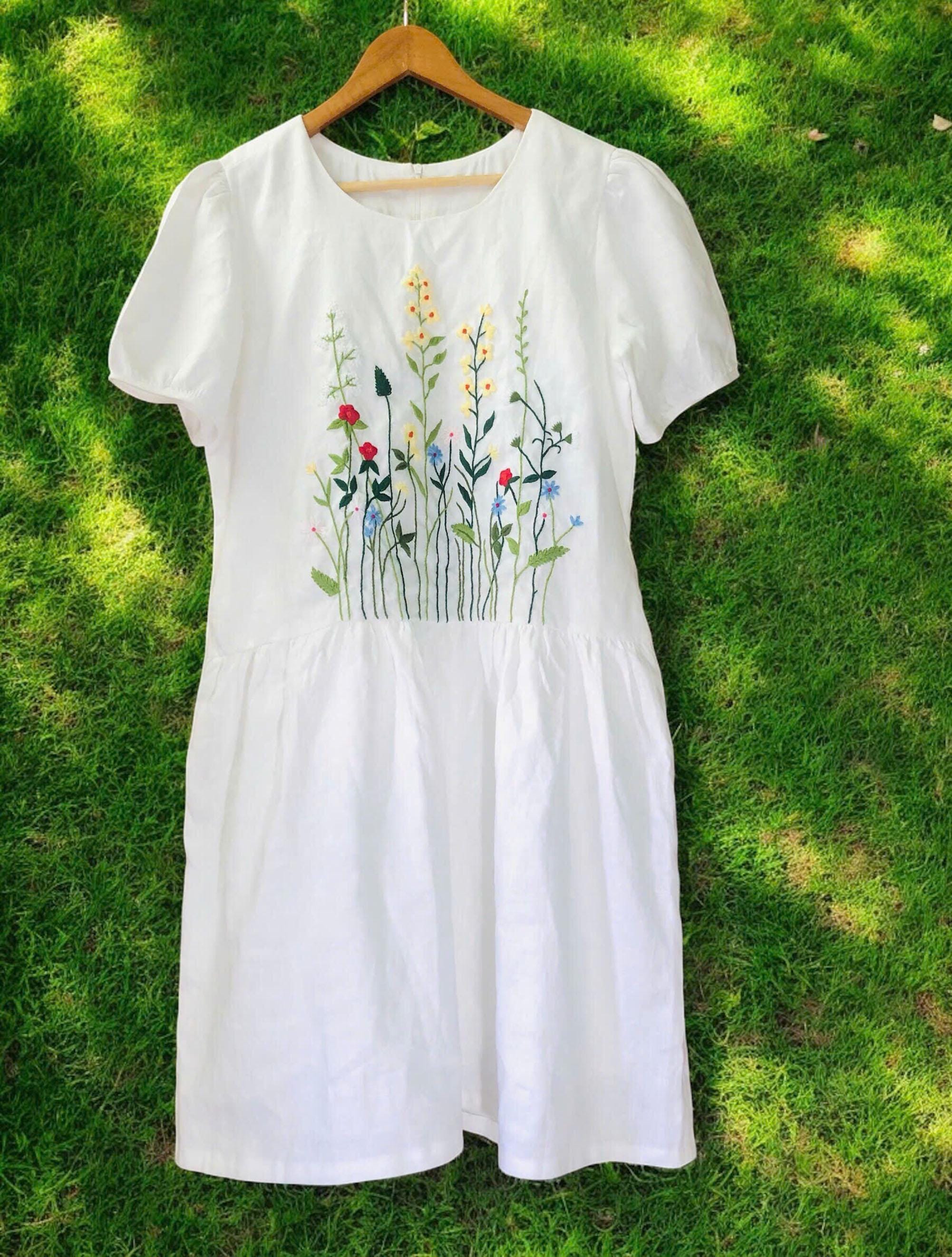 Linen Dress With Hand Embroidered Wild Flower Pattern for Women ...