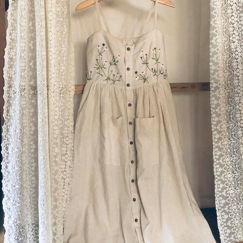 White Linen Dress With Hand Embroidered Flower Pattern Linen | Etsy