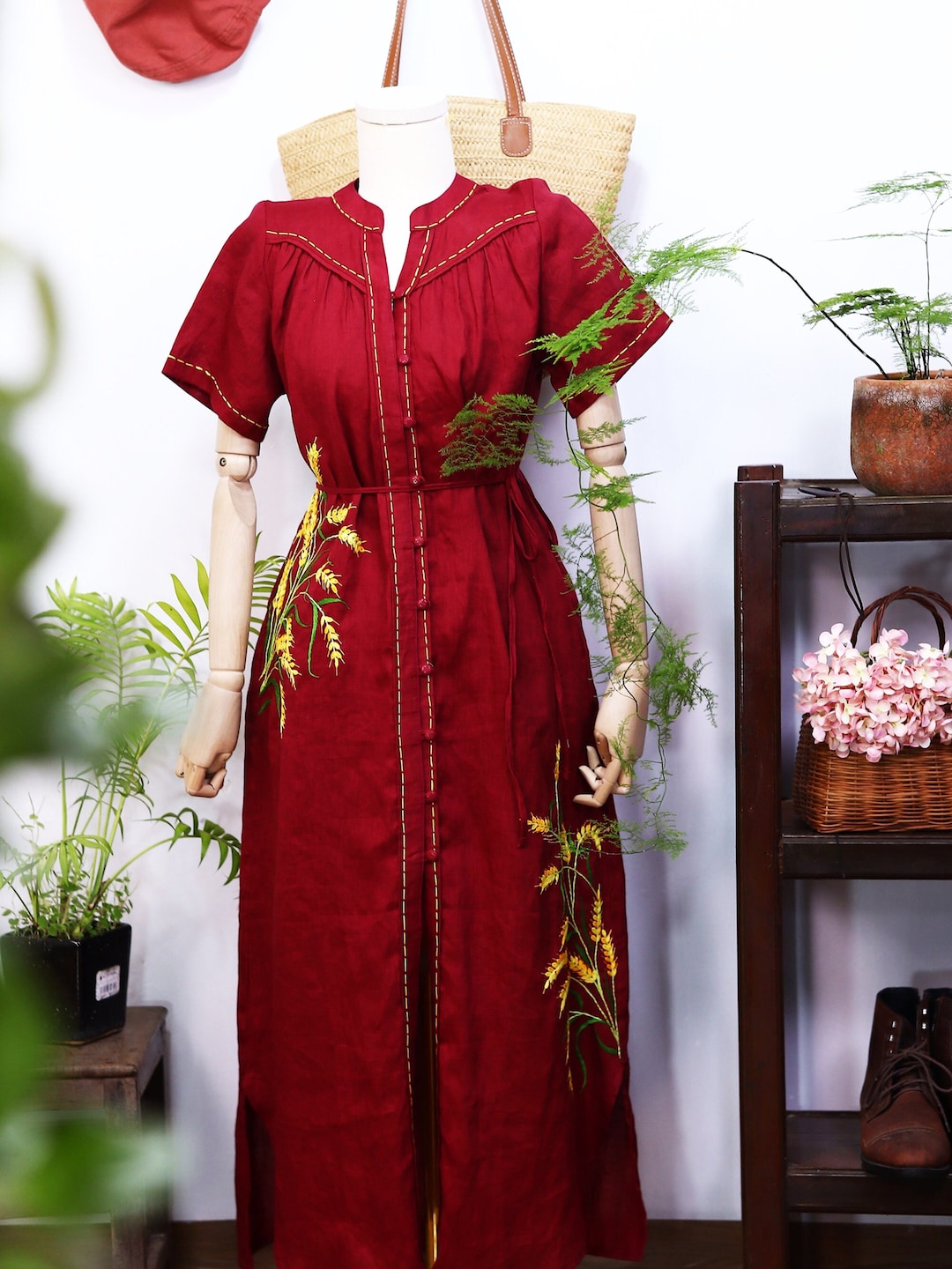 Dark Red Linen Dress With Rice Flower, Embroidered Dress for Woman ...