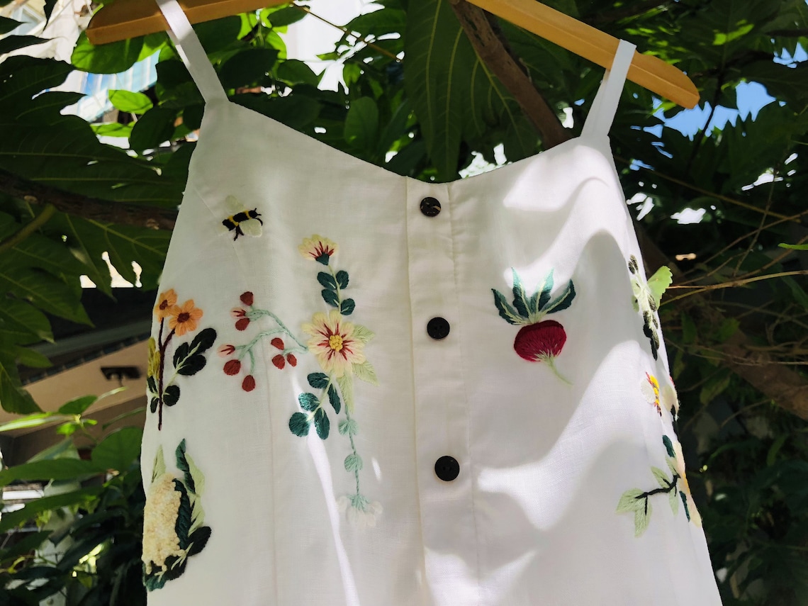 White Linen Dress With Hand Embroidered Flower Pattern Linen | Etsy