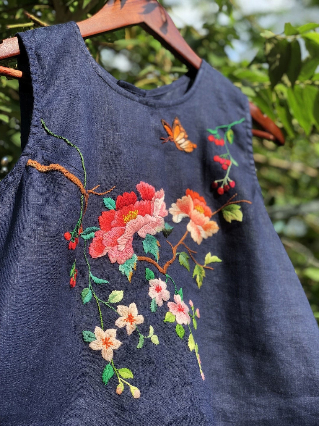 Hand Embroidery Linen Top With Butterfly and Flowers Motif on the Front ...