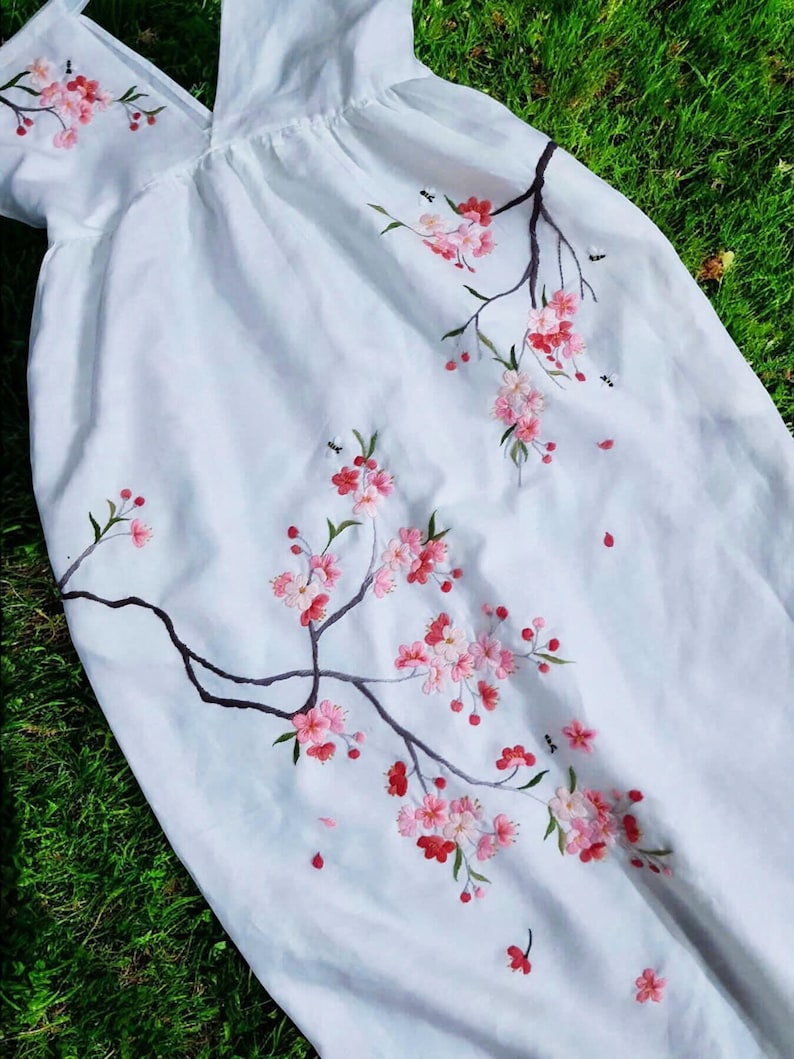 Hand Embroidered Linen Dress: Pink Blossom & Bee Motifs - Etsy