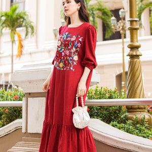 Embroidered Linen Dress With Phoenix and Flower for Women ...