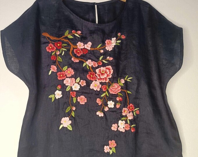 Hand Embroidery Linen Top, Linen Top for Woman With Pink Flowers Branch ...