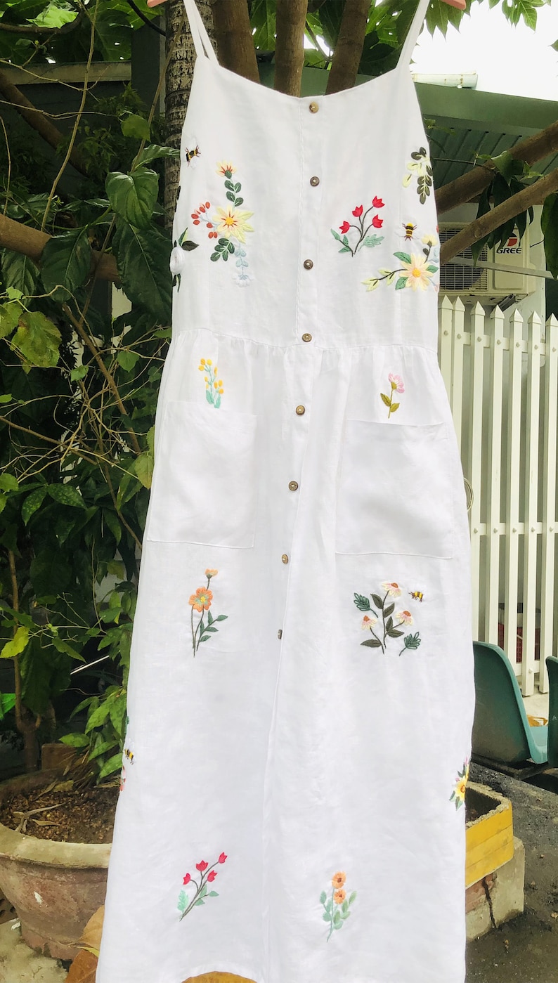 White Linen Dress With Flower and Bee Hand Embroidered Dress - Etsy