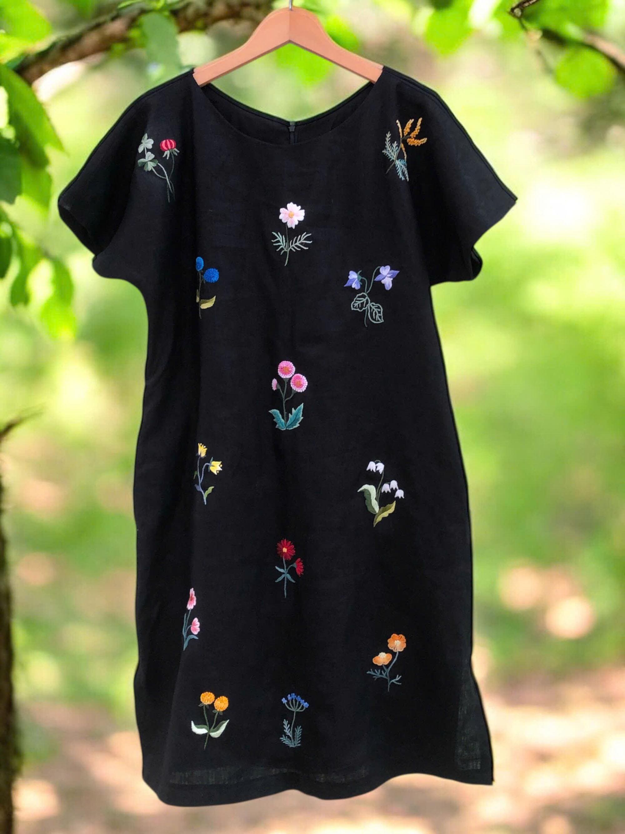 Elegant Linen Dress With Hand Embroidered Flowers, Flower Embroidery ...