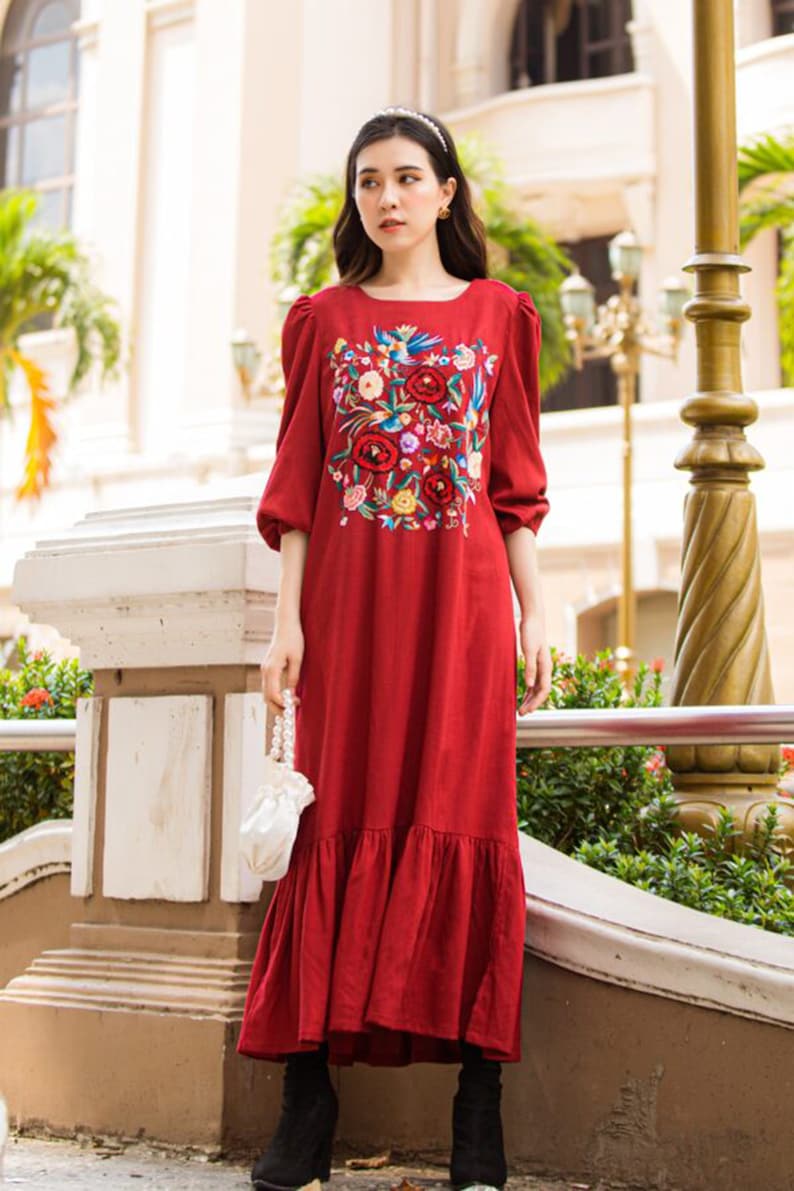 Embroidered Linen Dress With Phoenix and Flower for Women ...