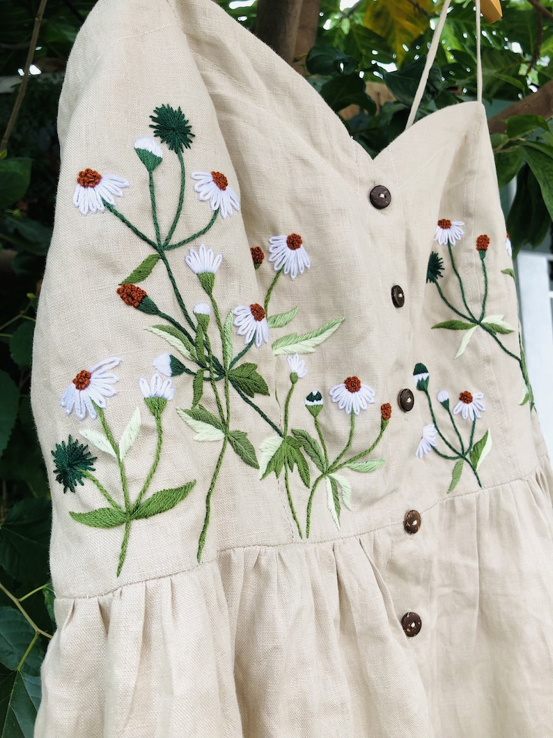 Linen Dress With Hand Embroidered Daisy Flower Pattern for Women ...