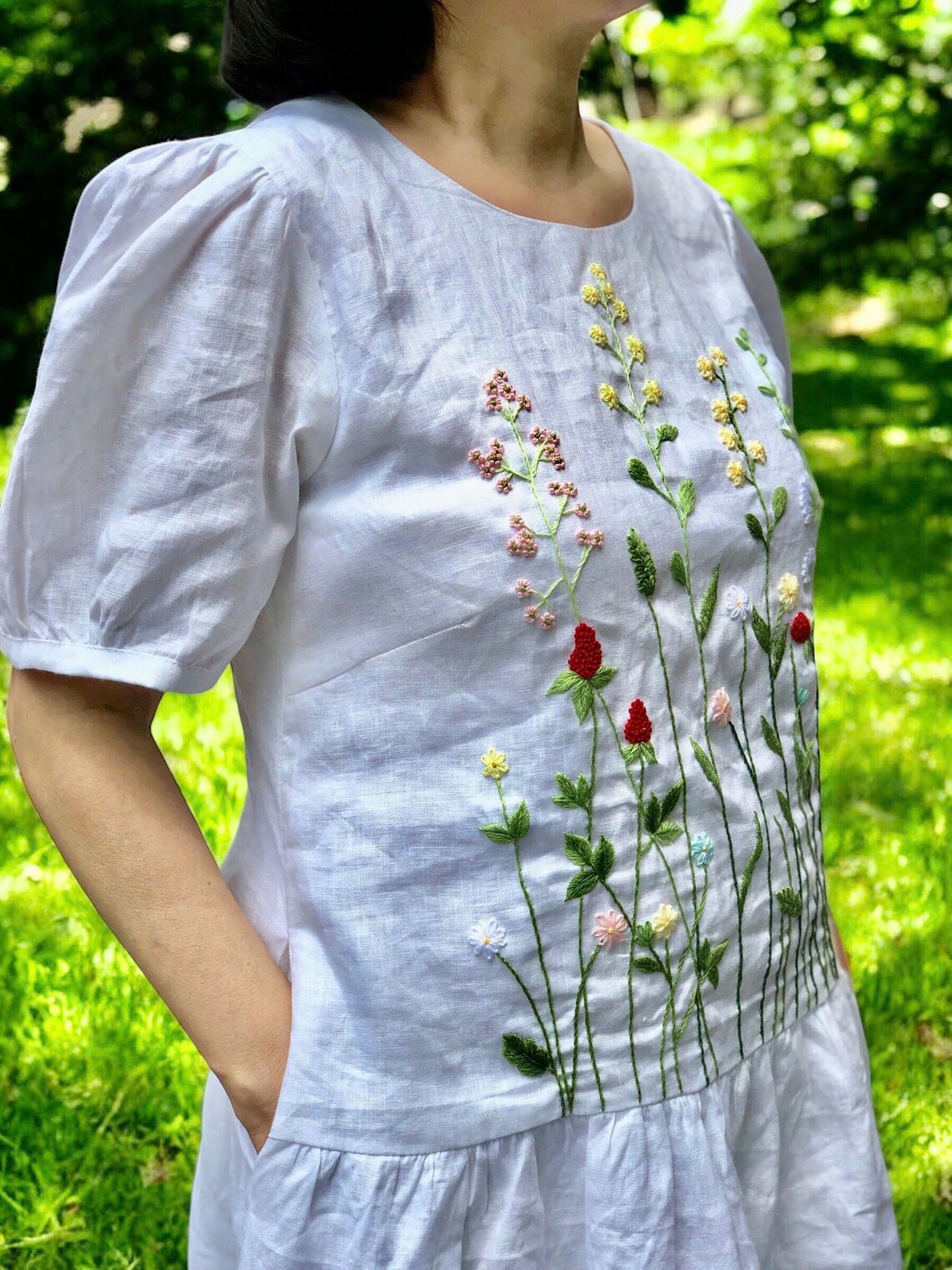 Linen Dress With Hand Embroidered Wild Flower Pattern for Women ...