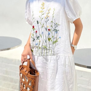 Linen Dress With Hand Embroidered Wild Flower Pattern for Women ...