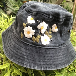 Flower Hand Embroidered Bucket Hat, Embroidered Hat, Floral Embroidery ...