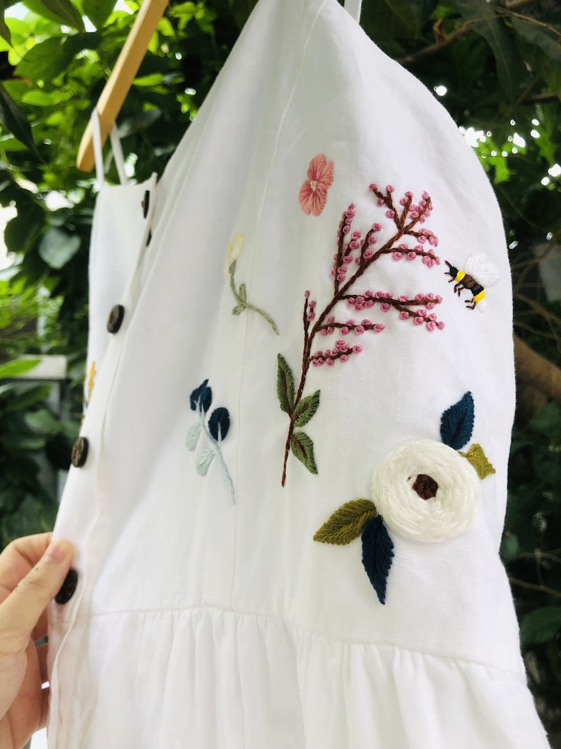 White Linen Dress With Hand Embroidery Flower, Bee and Butterflies for ...