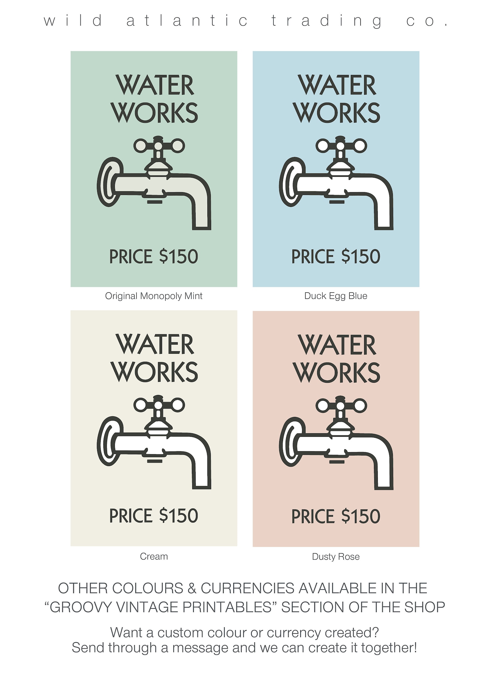 Printable Monopoly Inspired Water Works Retro Print Dollar in Dusty ...