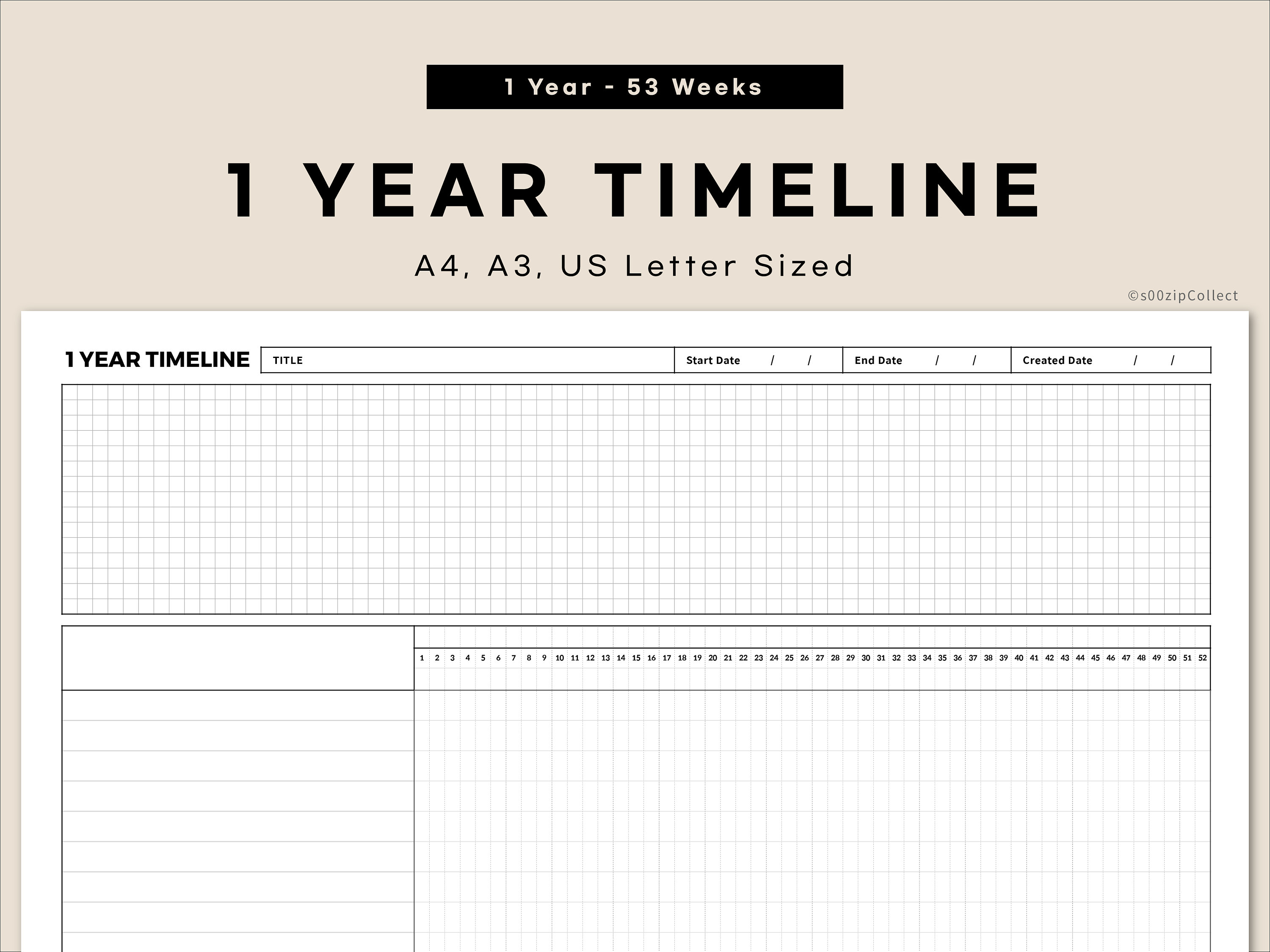 1 Year Timeline Chart 53 Weeks Printable A4 A3 Letter | Etsy