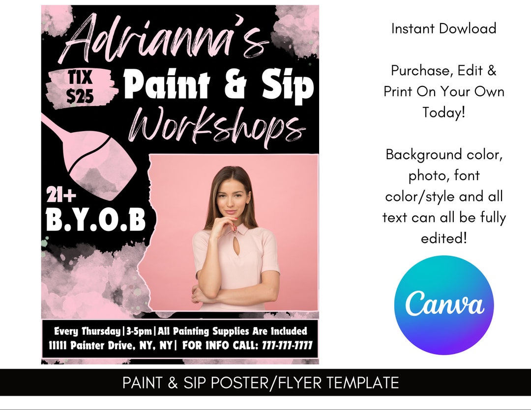 Paint & Sip Poster/flyer Template Editable Pink Paint and Sip Party ...
