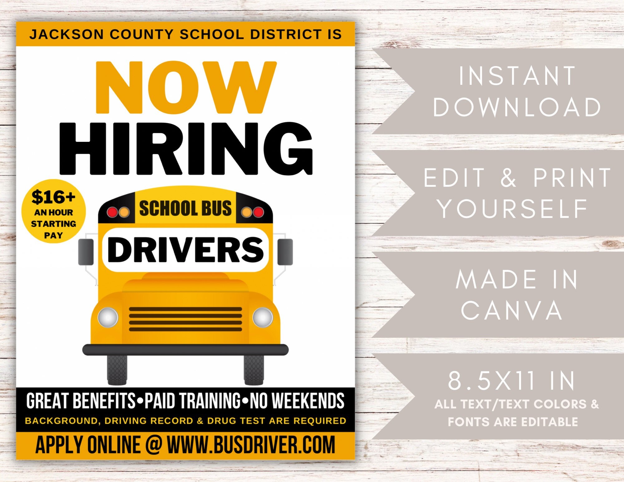 Editable School Bus Driver Hiring Flyer Canva Template - Etsy