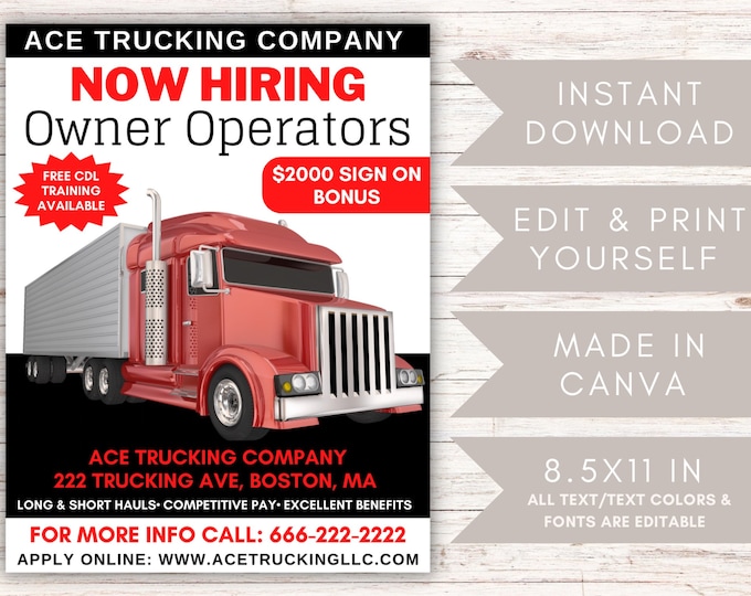 Editable Owner Operator Now Hiring Flyer Template - Etsy